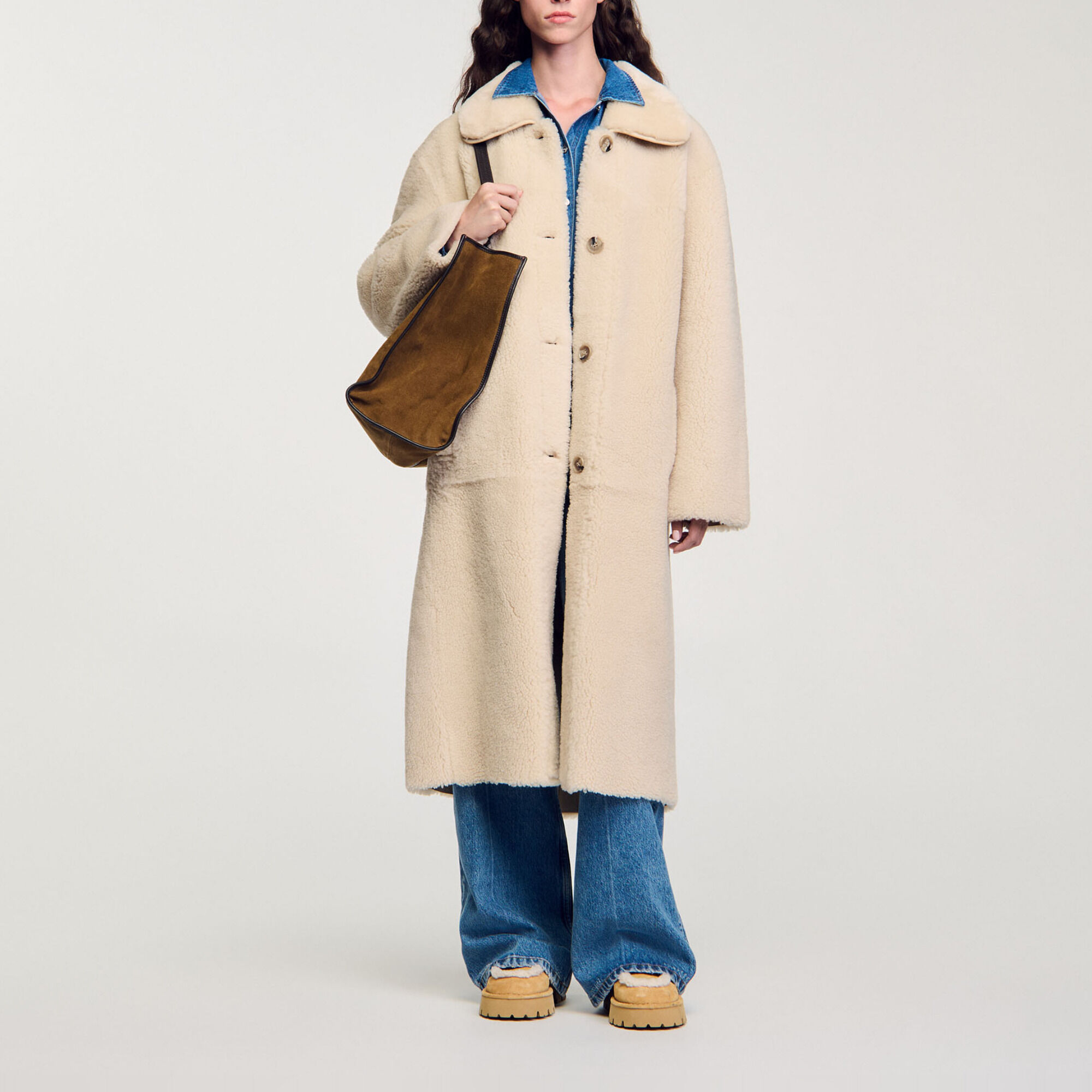 Shearling coat white / beige For Women | Sandro Paris