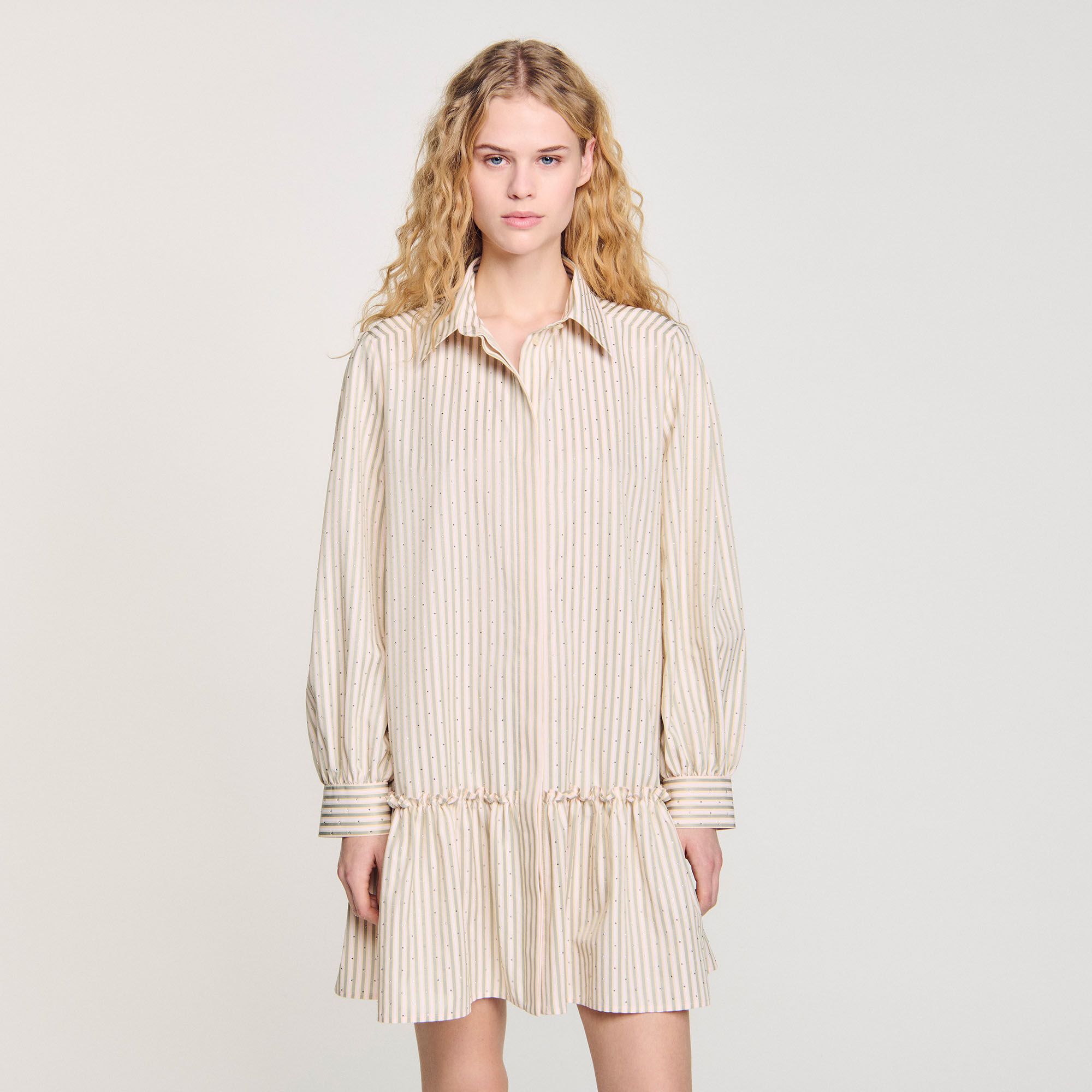 Rhinestone striped shirt dress pink For Women | Sandro Paris Rhinestone striped shirt dress pink For Women | Sandro Paris