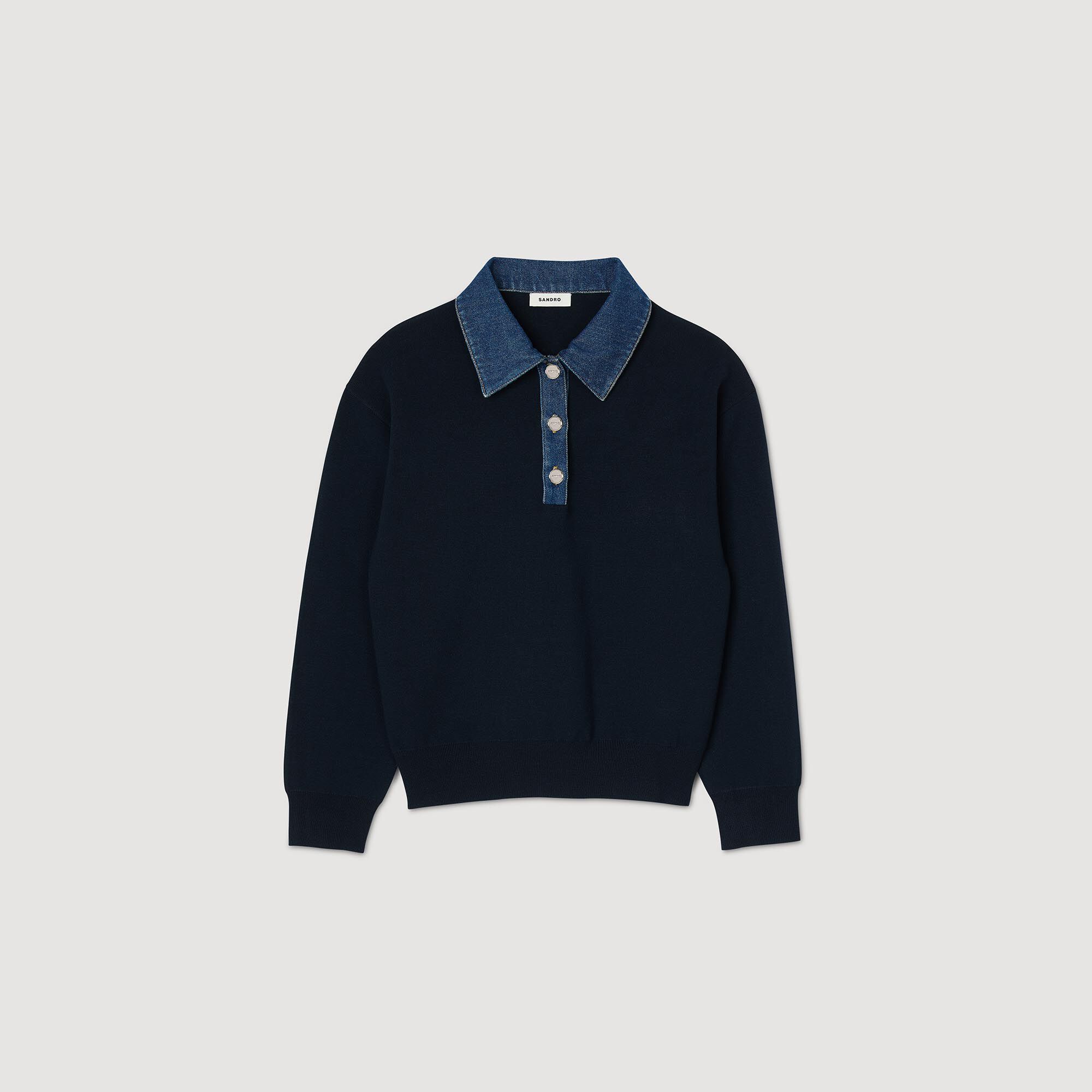 Jumper with denim collar blue For Women | Sandro Paris Jumper with denim collar blue For Women | Sandro Paris