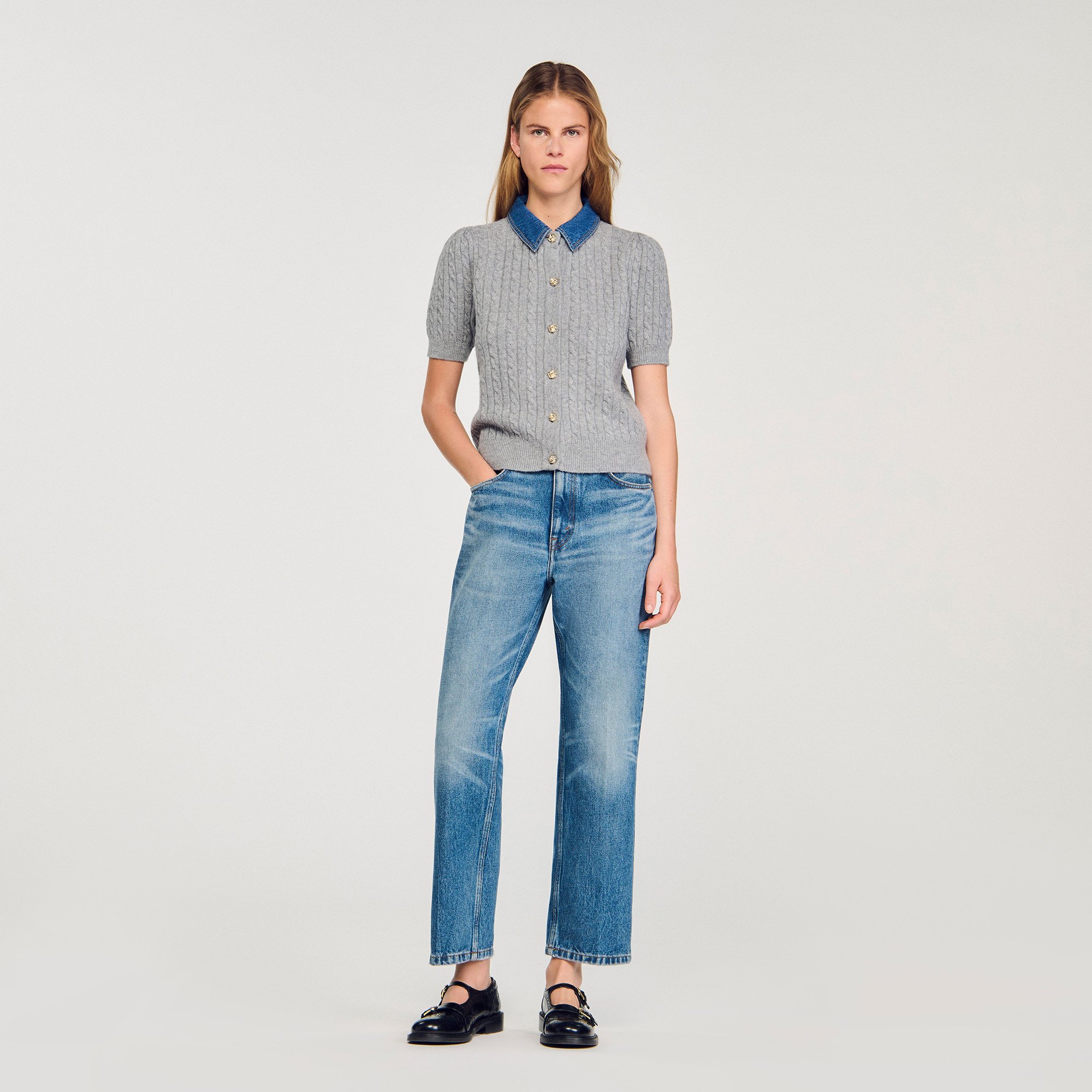 Cardigan with denim collar black / gray For Women | Sandro Paris