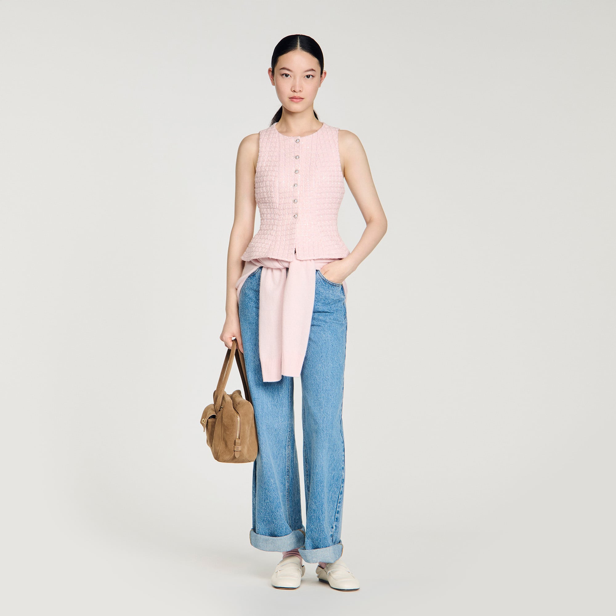 Beaded check tweed jacket pink For Women | Sandro Paris