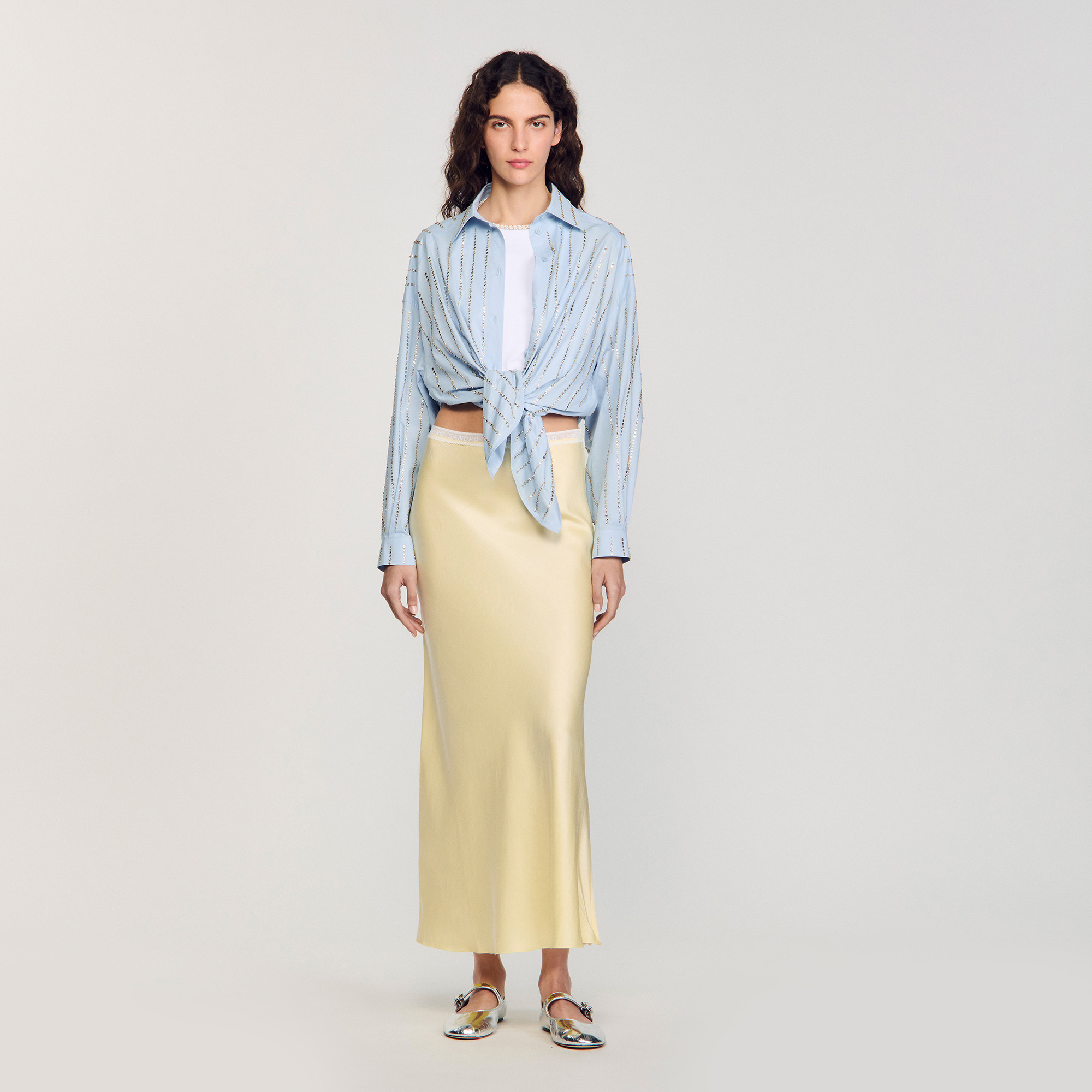 Long satin-effect skirt yellow / orange For Women | Sandro Paris