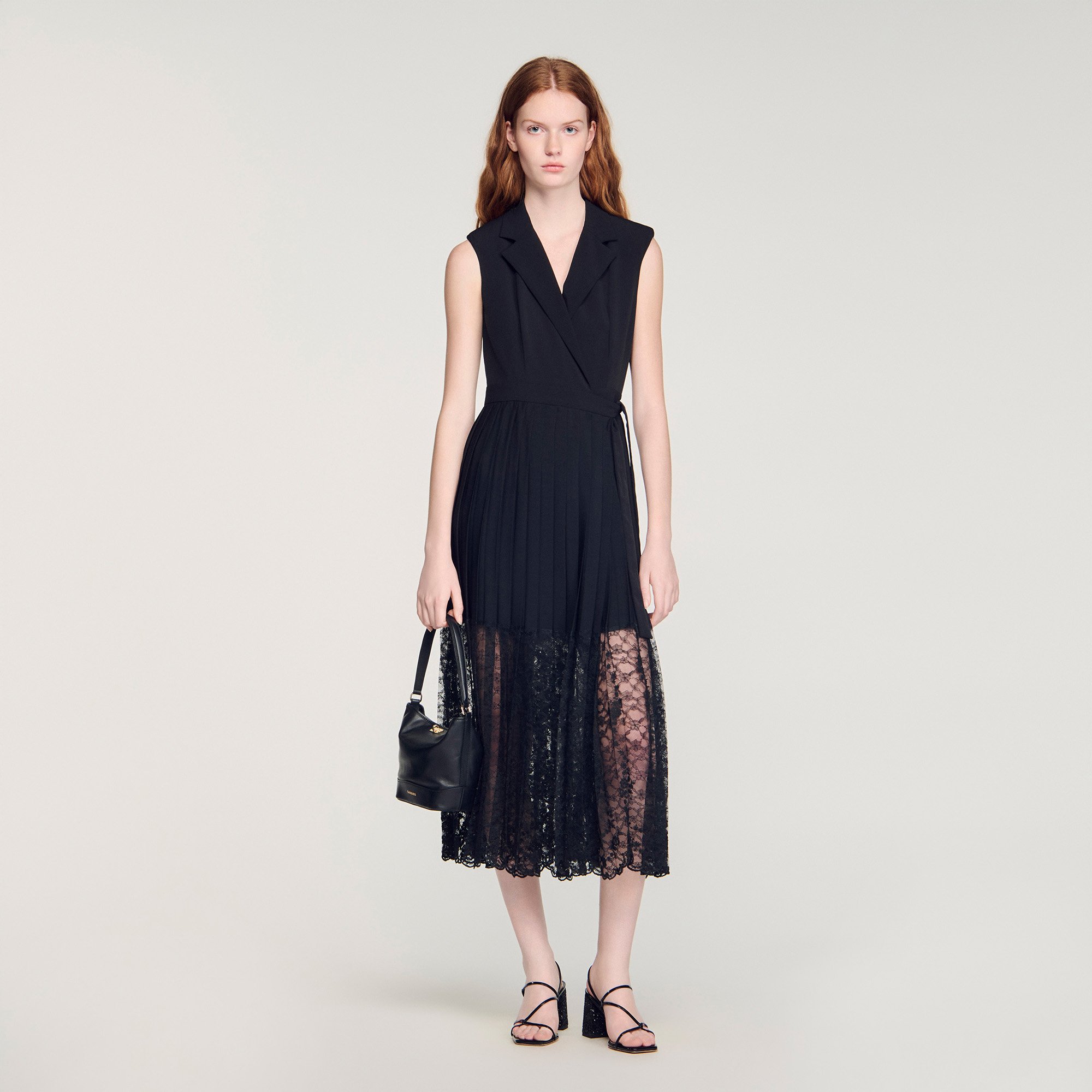 Lace collar maxi dress black / gray For Women | Sandro Paris