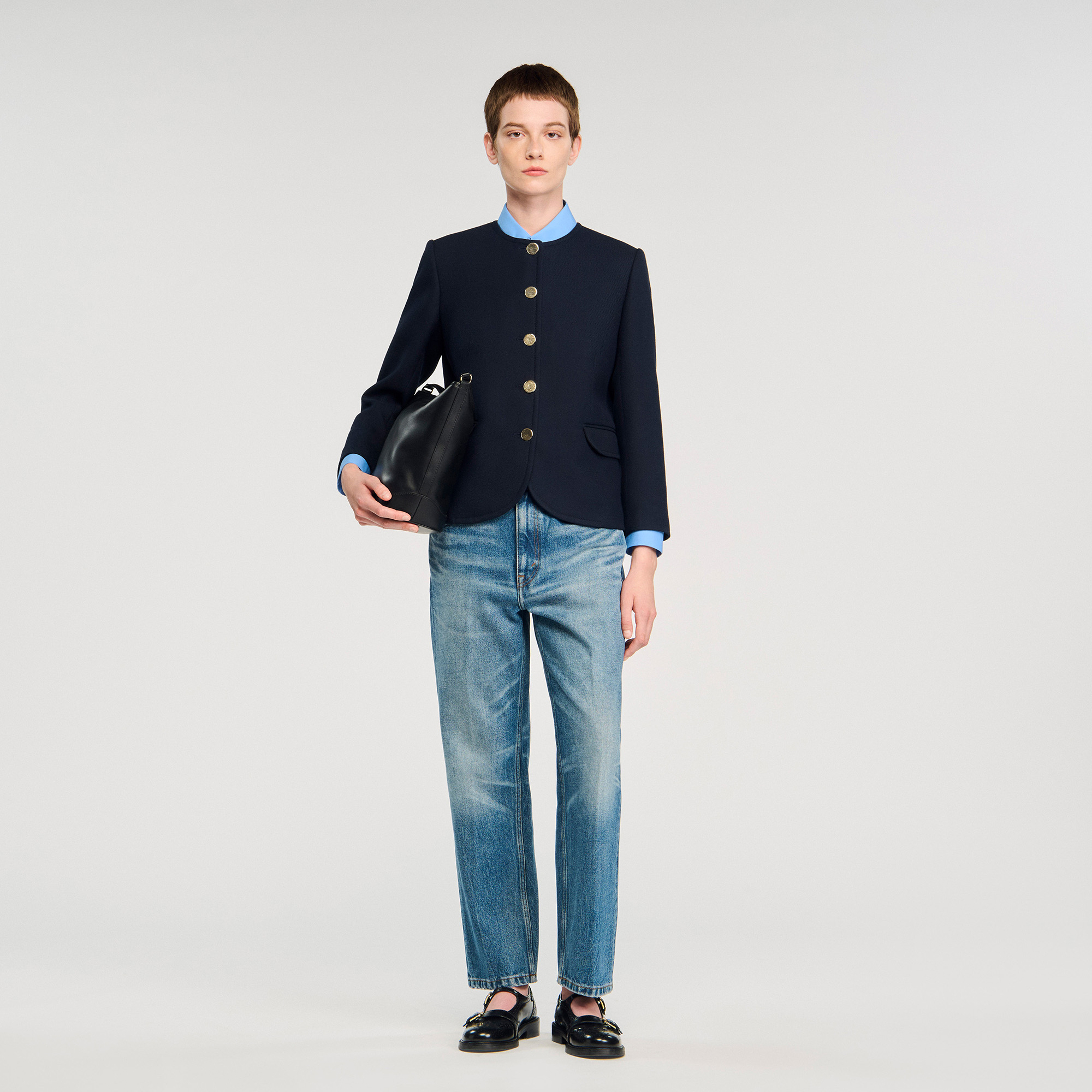 Round collar jacket blue For Women | Sandro Paris