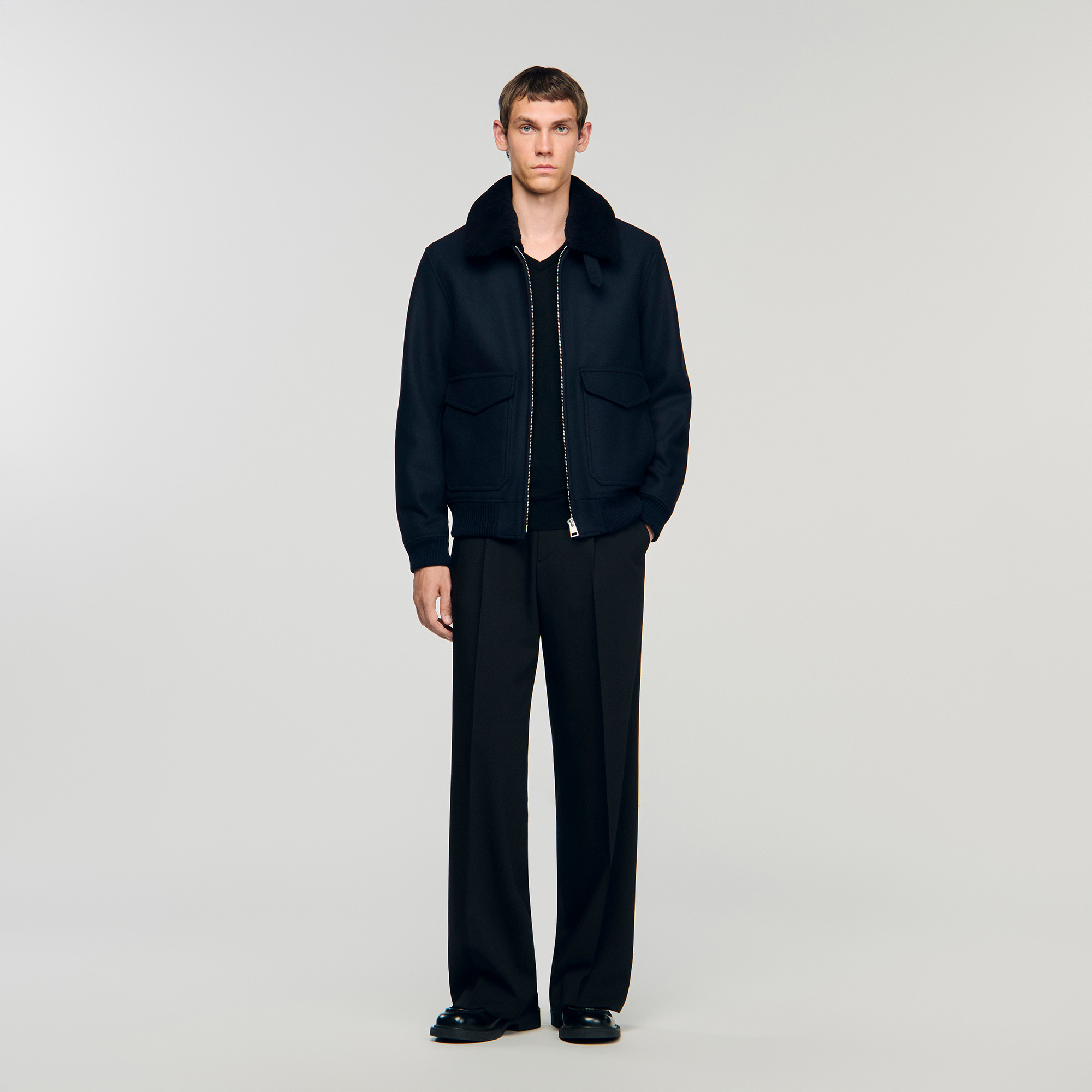 Wool aviator jacket with shearling blue for Men | Sandro Paris